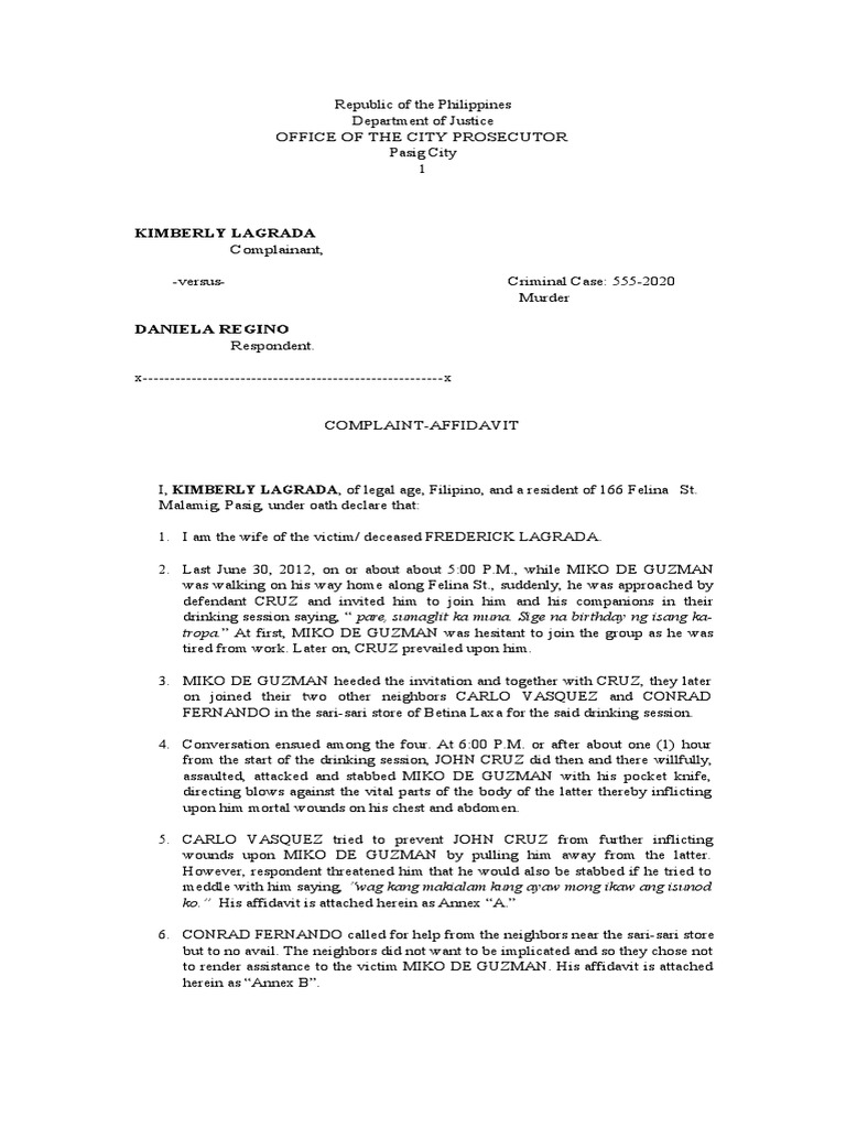 Office of The City Prosecutor 1: Kimberly Lagrada | PDF | Affidavit ...