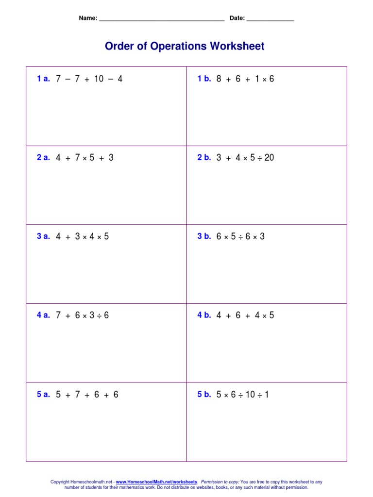 Order of Operations Worksheet: Name: - Date | PDF | Computers