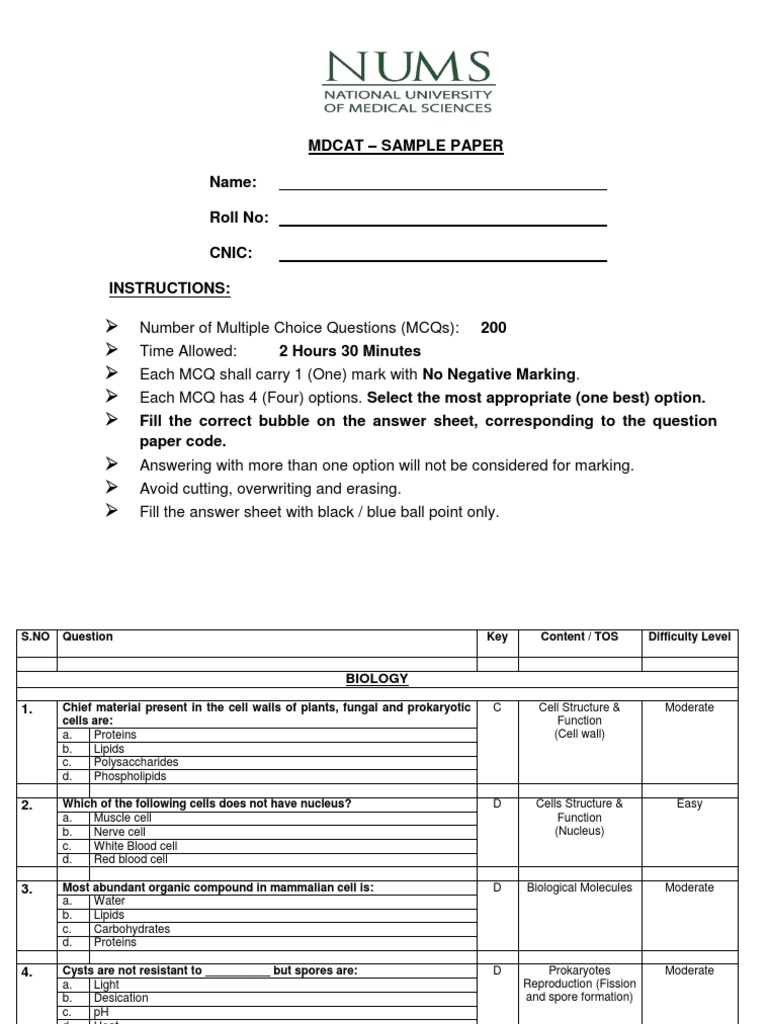 PMC Mdcat Sample Paper | Download Free PDF | Chemical Bond | Cell (Biology)