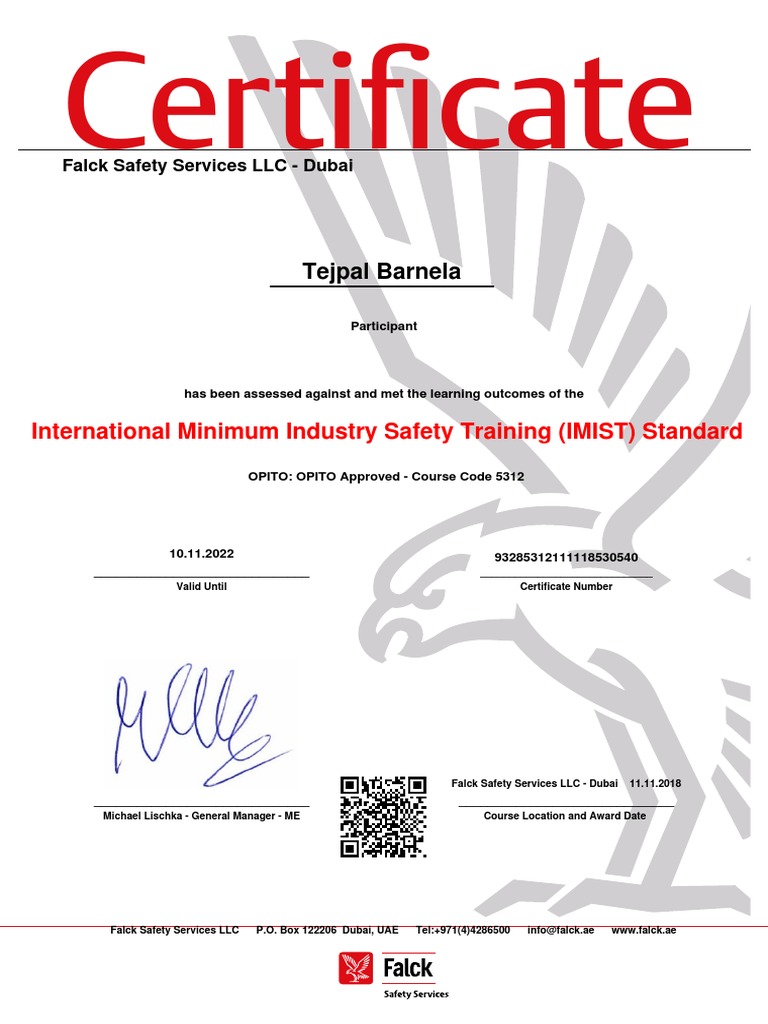 Tejpal Barnela: International Minimum Industry Safety Training (IMIST ...