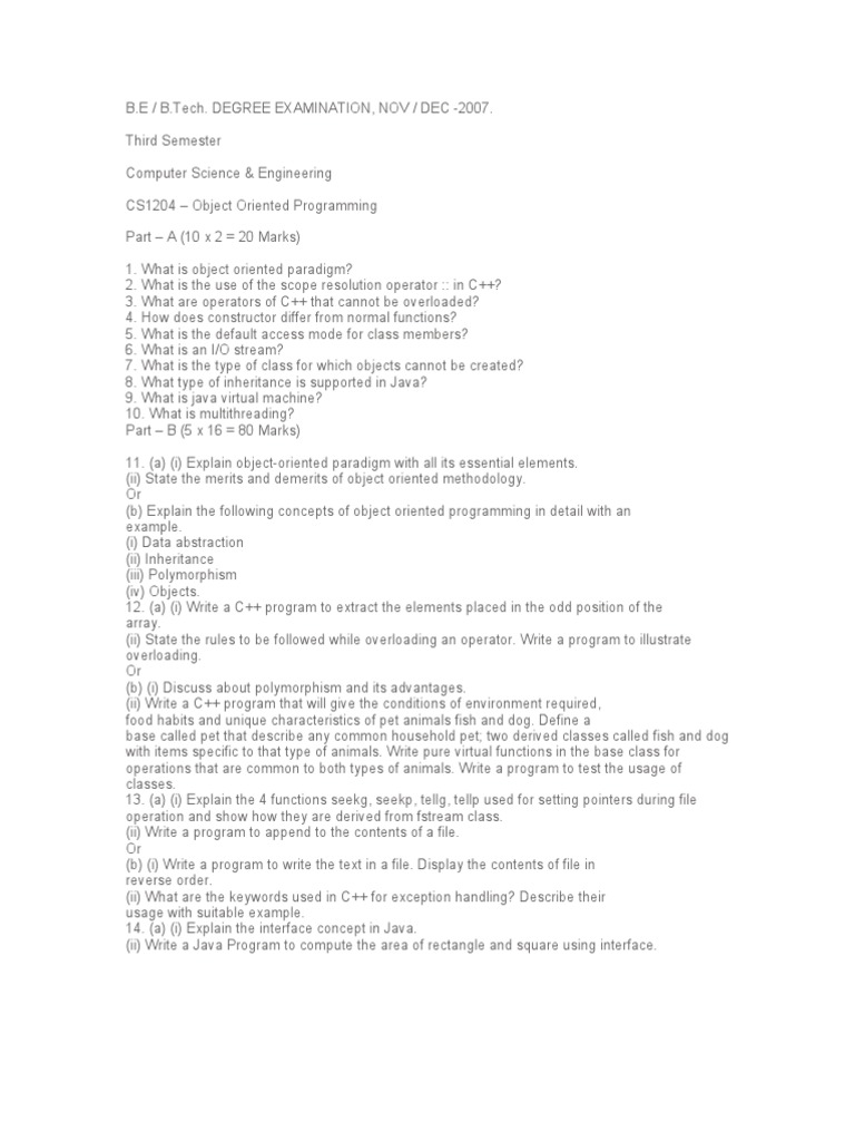 Question Paper - Oop | PDF | C++ | Class (Computer Programming)