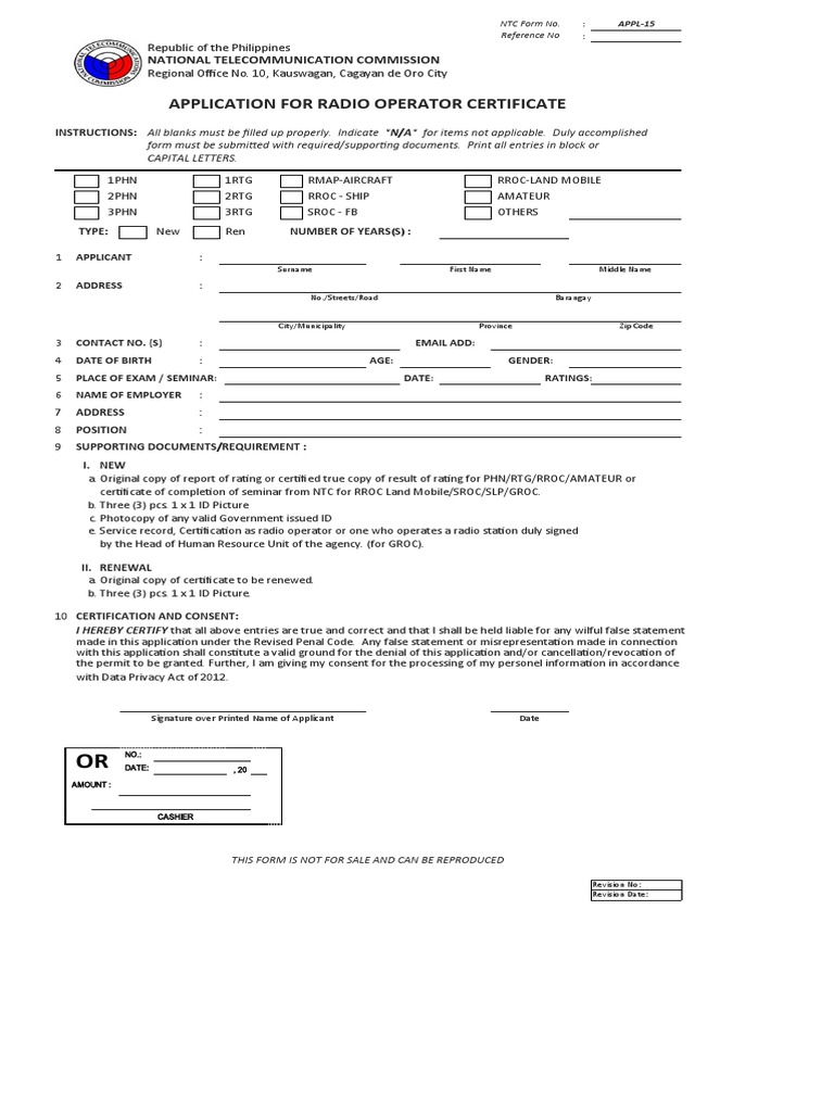Application For Radio Operator Certificate: National Telecommunication ...