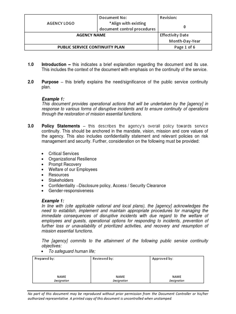 Agency Name Public Service Continuity Plan | PDF | Disaster Recovery ...