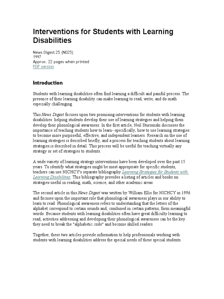 Interventions For Students With Learning Disabilities | PDF | Reading ...