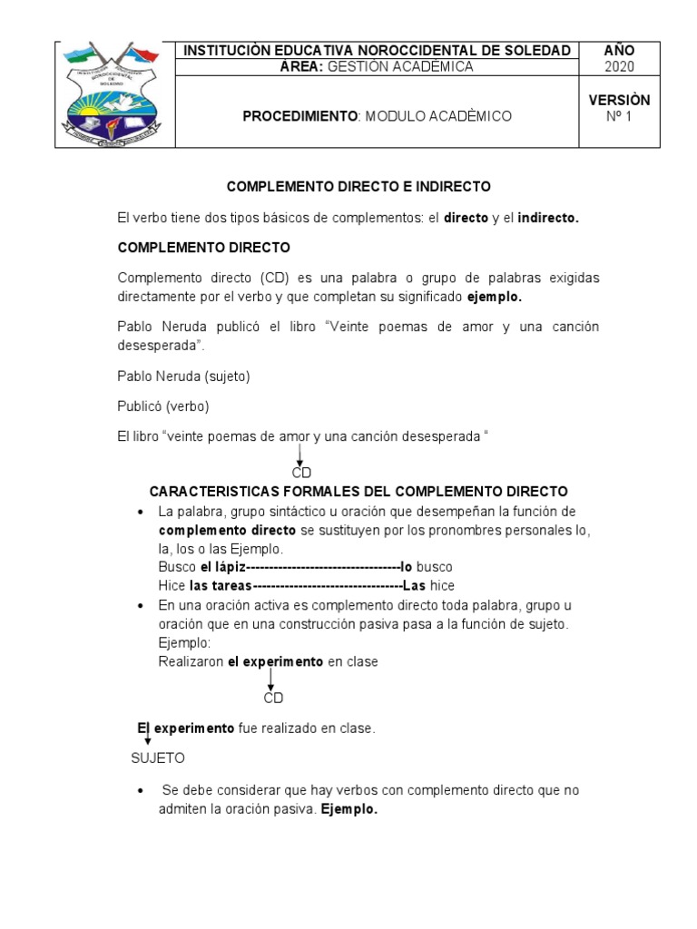 Taller N°3 Complemento Directo e Indirecto | PDF | Objeto (gramática) | Verbo