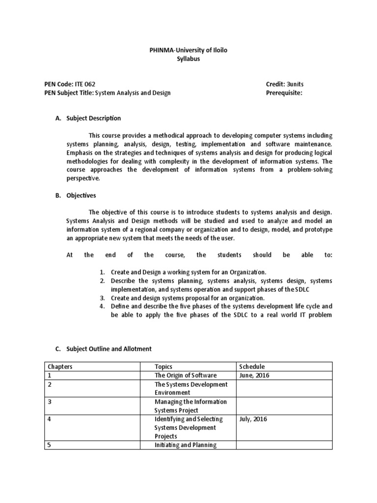 Syllabus - System Analysis and Design | PDF | System | Computing