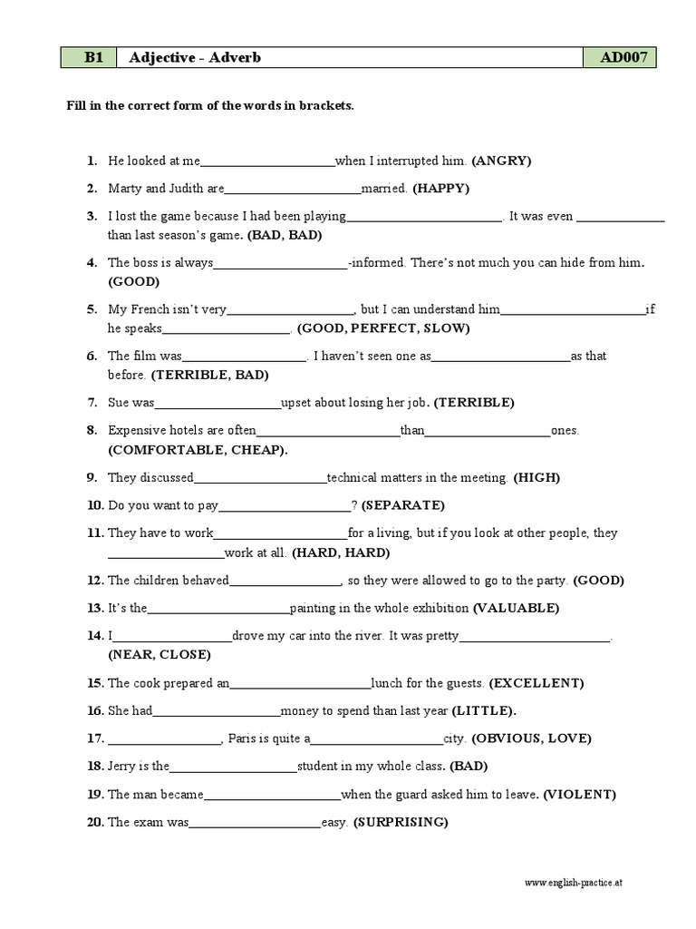 B1 Adjective - Adverb AD007: WWW - English-Practice - at | PDF