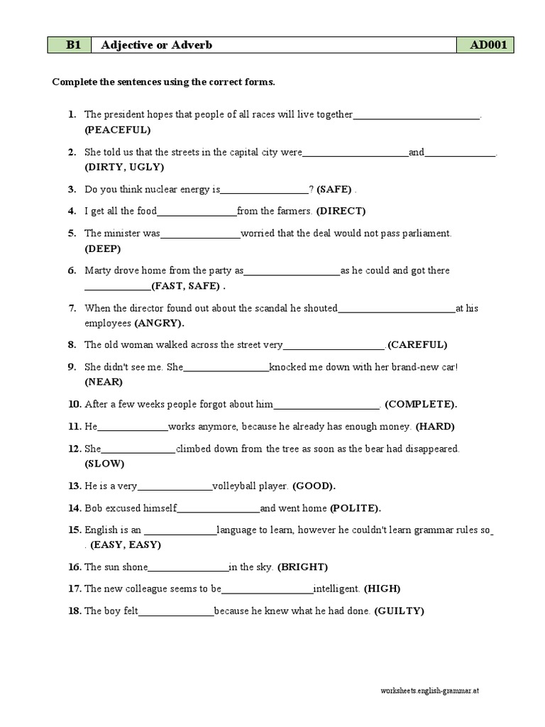 B1 Adjective or Adverb AD001: Worksheets - English-Grammar - at | PDF