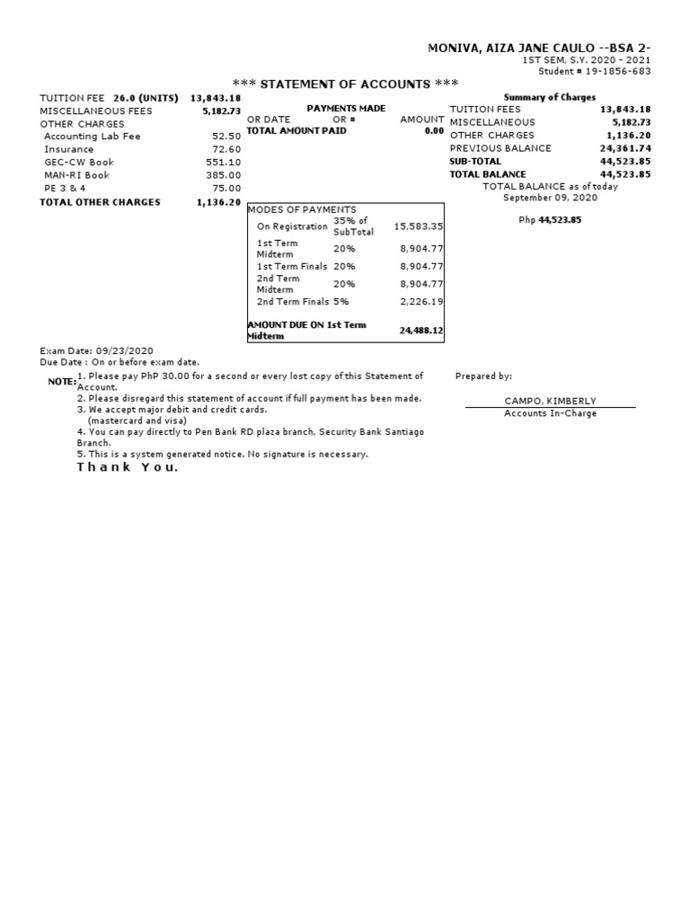Statement of Accounts : Moniva, Aiza Jane Caulo - Bsa 2 | Download Free PDF | Payments | Money