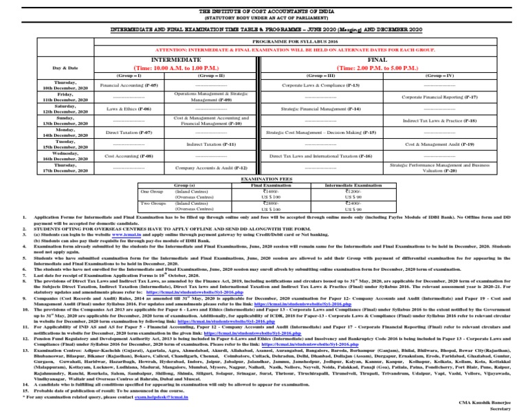 CMA Intermediate & Final Exam Timetable | PDF | Payments | Direct Tax