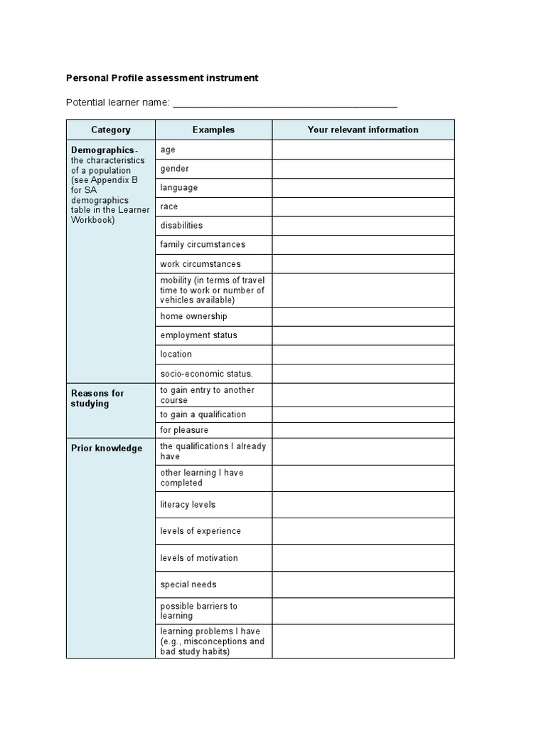 Personal Profile Assessment Tool | PDF
