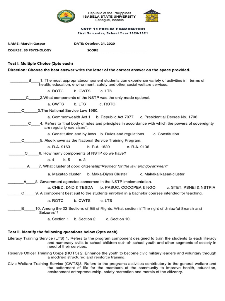 NSTP 1 PRELIM EXAM_GASPARMARVIN.pdf | Reserve Officers' Training Corps ...