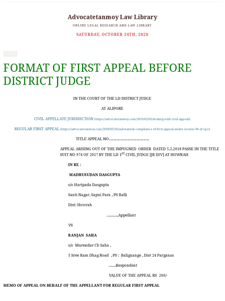 FORMAT OF FIRST APPEAL BEFORE DISTRICT JUDGE - Advocatetanmoy Law ...