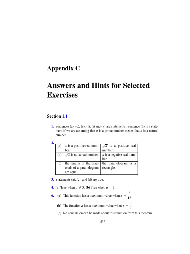 Answers and Hints For Selected Exercises: Appendix C | PDF | Mathematical Proof | Real Number