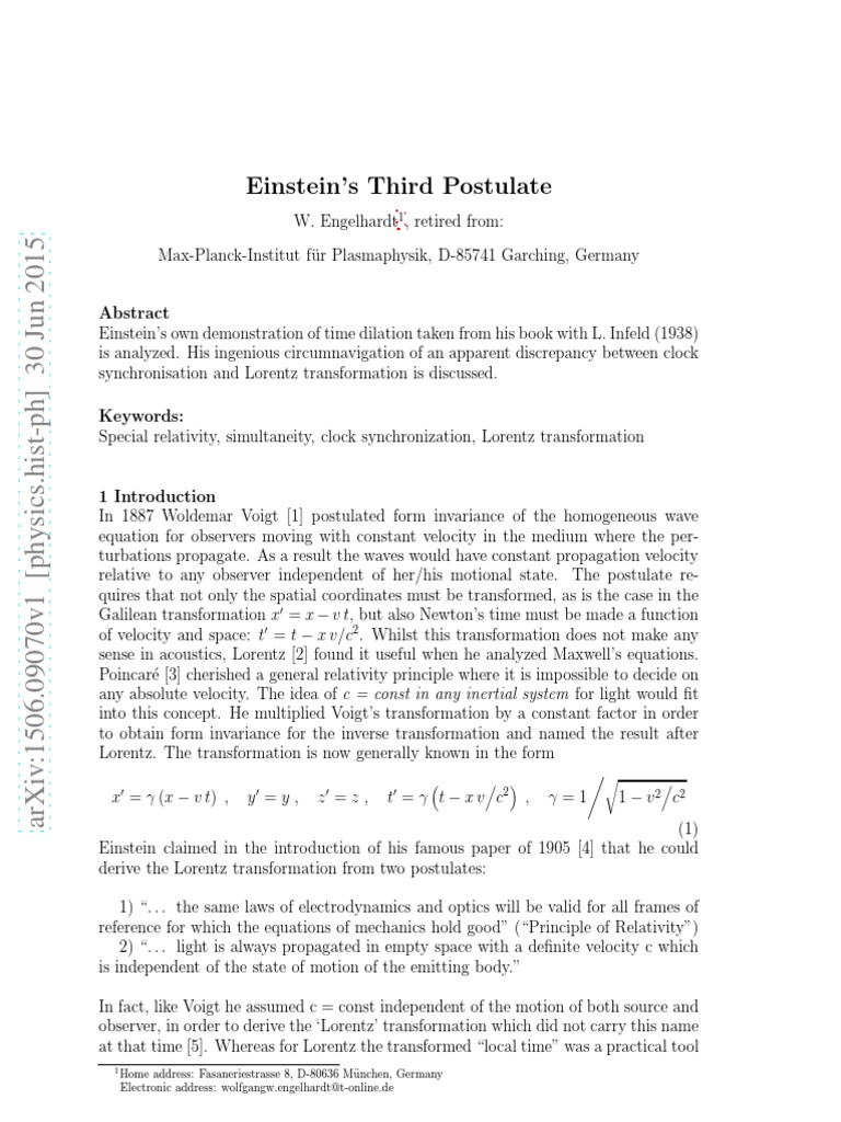 Einstein's Third Postulate PDF | PDF | Special Relativity | Time