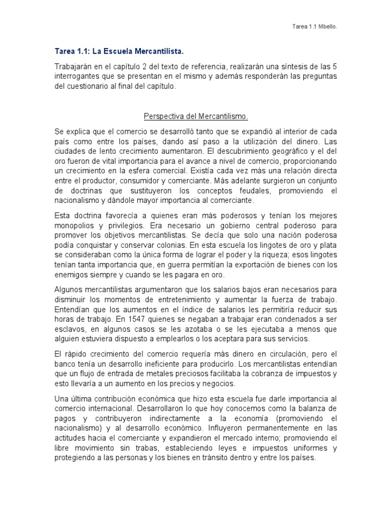 Tarea 1.1 | PDF | Mercantilismo | Historia del pensamiento económico