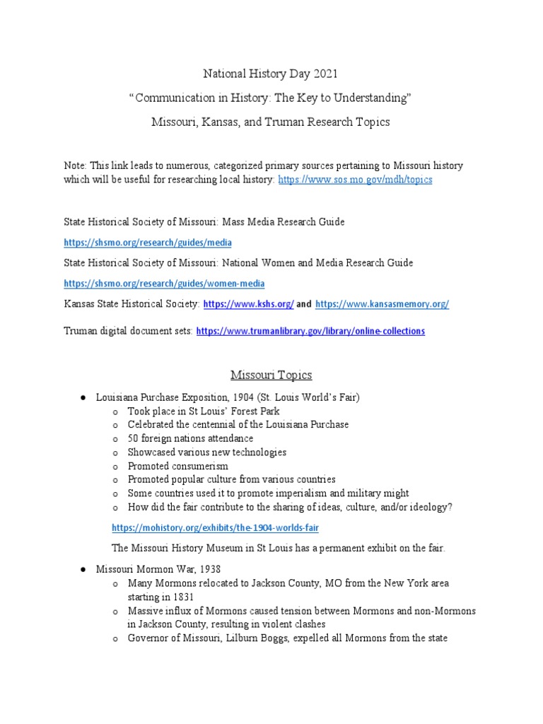 NHD 2021 Topics | PDF | Missouri | Harry S. Truman