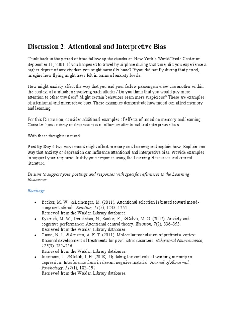 Discussion 2: Attentional and Interpretive Bias | PDF | Mood ...