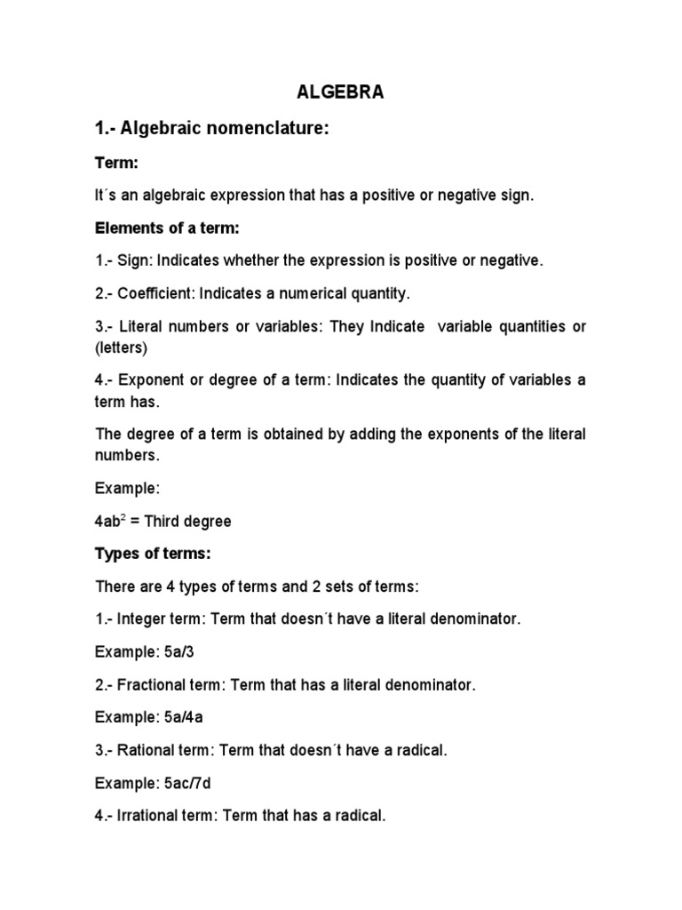 Algebra 1.-Algebraic Nomenclature:: Term | PDF | Polynomial | Fraction ...