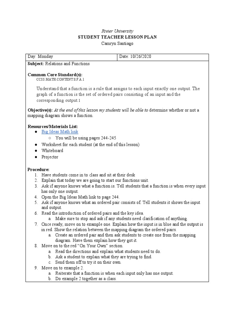 Relations And Functions Lesson Plan 2 Pdf Function Mathematics