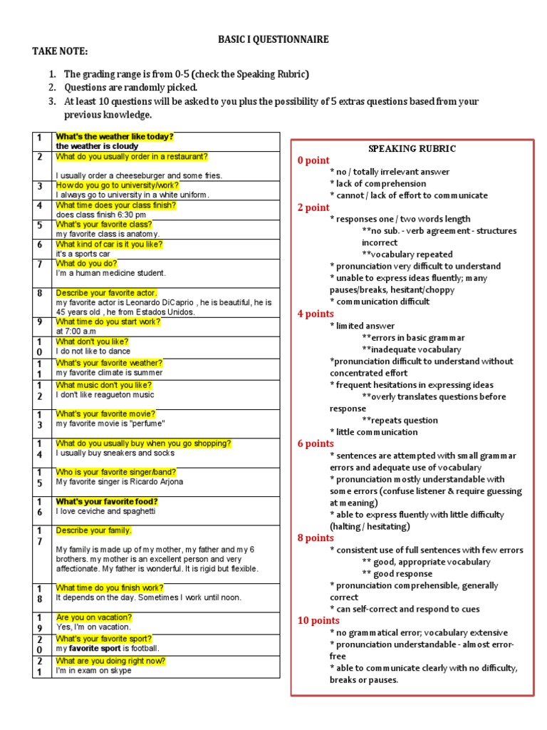 Basic I Questionnaire | PDF | Vocabulary | Semiotics