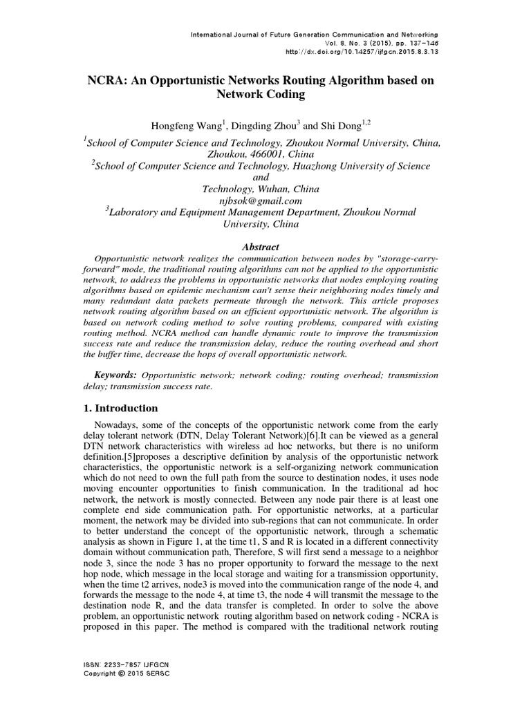 NCRA: An Opportunistic Networks Routing Algorithm Based On Network Coding | PDF | Routing ...