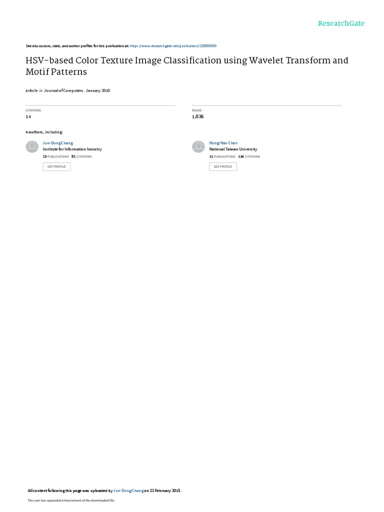 HSV-based Color Texture Image Classification Using | PDF | Statistical Classification | Wavelet