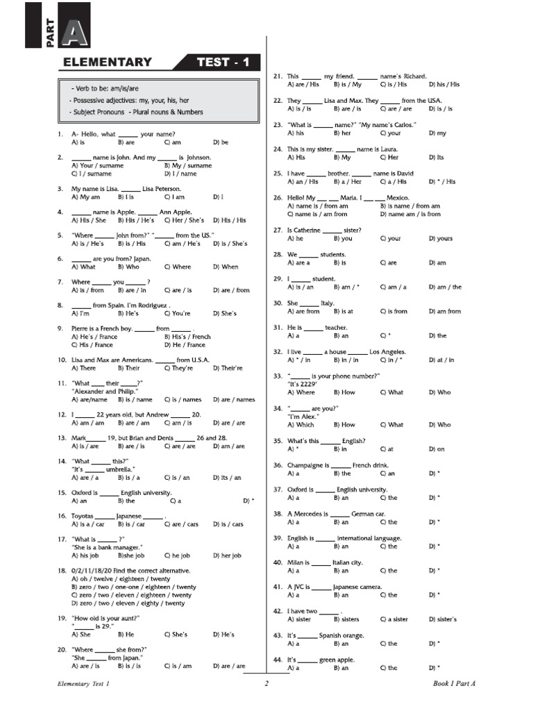 3 Elementary Tests-Grammar and Vocab PDF | PDF