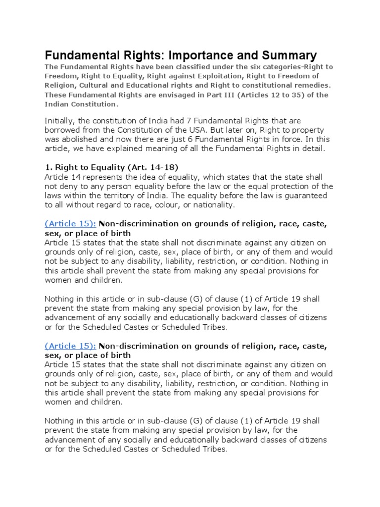 Fundamental Rights: Importance and Summary: 1. Right To Equality (Art ...