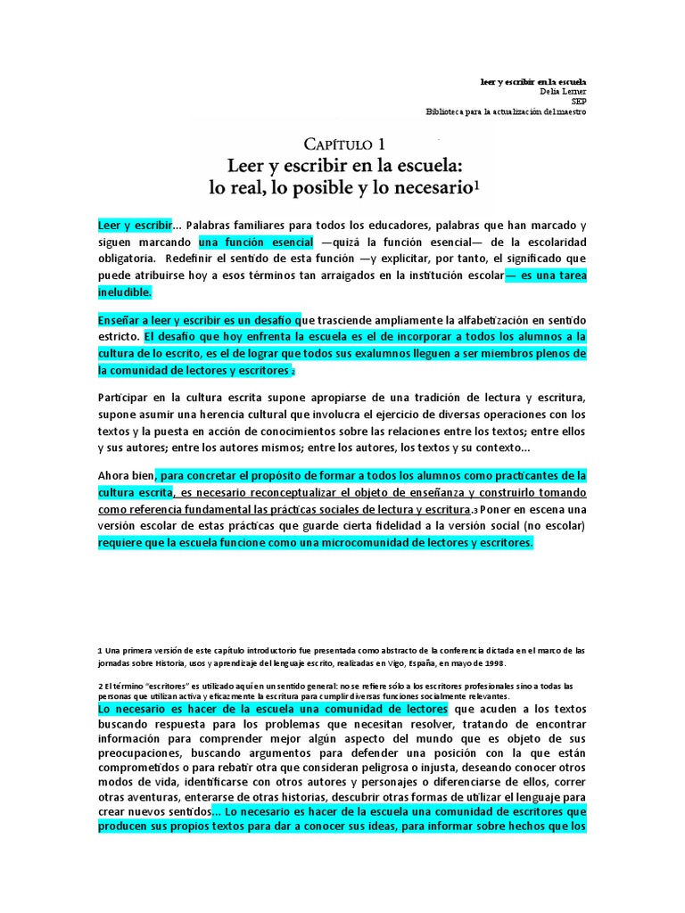 Delia Lener Leer y Escribir en La Escuela | Descargar gratis PDF | Escritura | Aprendizaje
