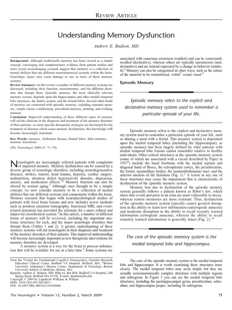 Understanding Memory Dysfunction: Andrew E. Budson, MD | PDF | Memory ...