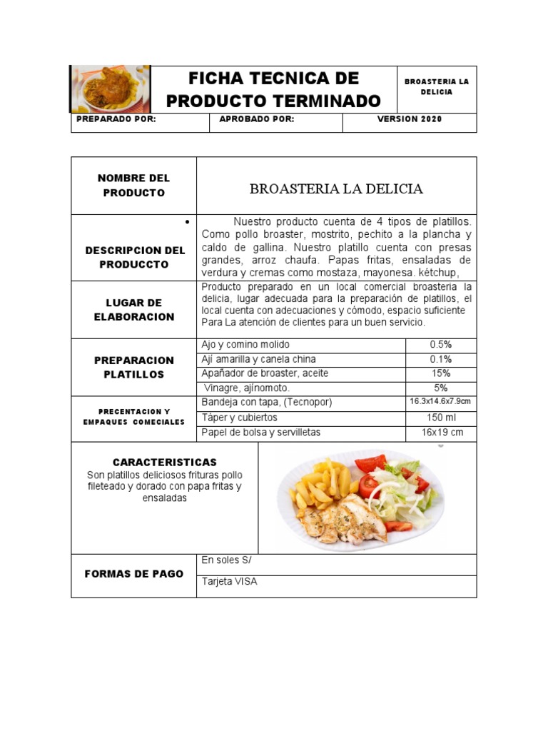 Ficha Tecnica de Producto Terminado | PDF | Alimentos | Cocina