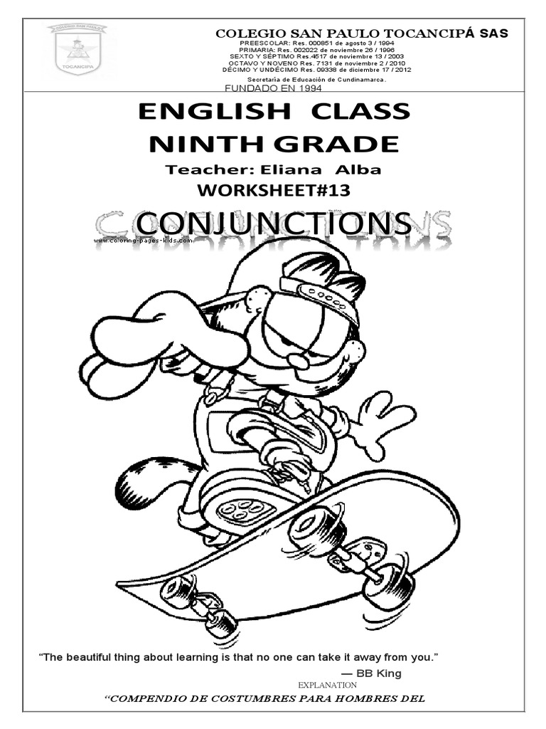 English Class Ninth Grade: Conjunctions | PDF | Language Mechanics | Syntax