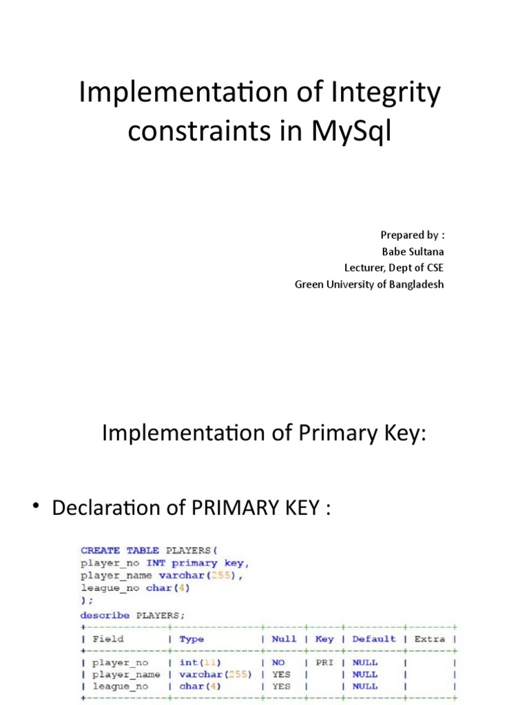 Implementation of Integrity Constraints in MySql Database Lab3