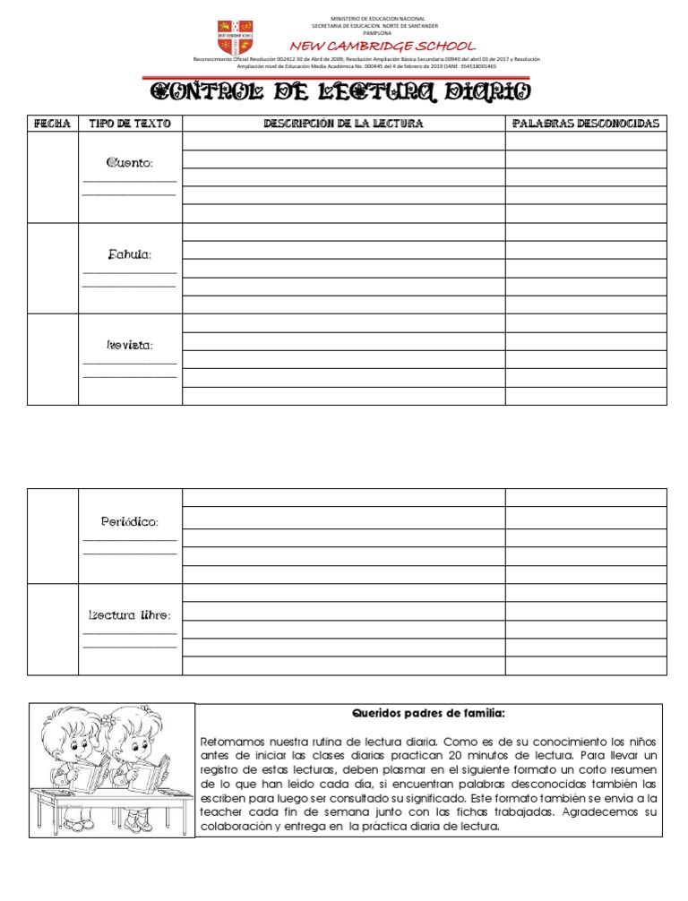 Control Diario de Lectura Escolar | PDF
