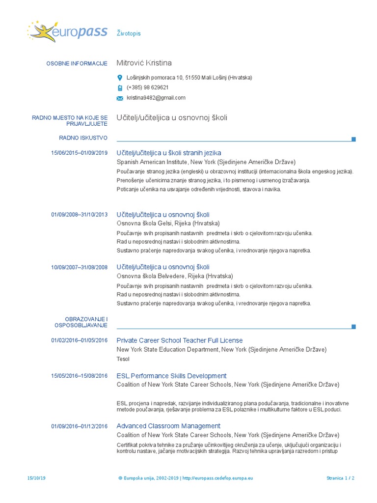 CV Europass 20191016 Mitrović HR PDF | PDF