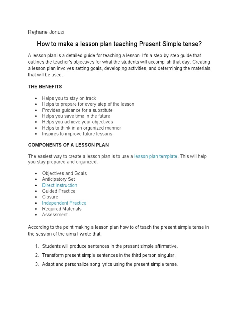 Lesson Plan Teaching Present Simple Tense | PDF