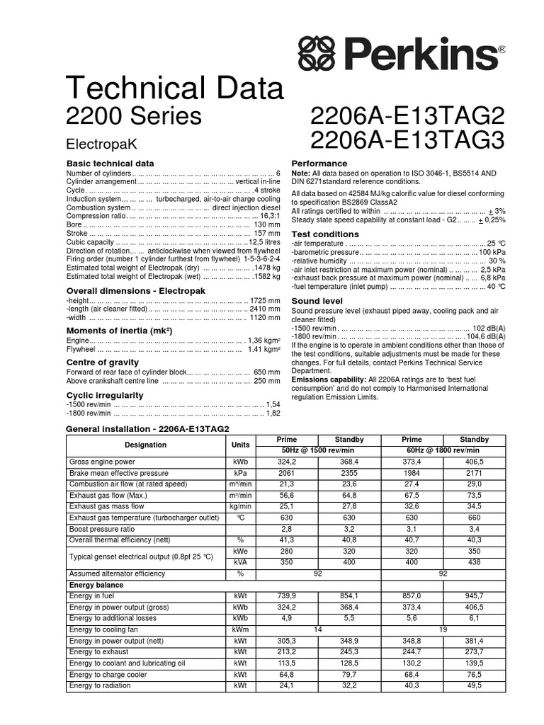 Perkins 2206A Technical Data Sheet | PDF | Turbocharger | Diesel Engine