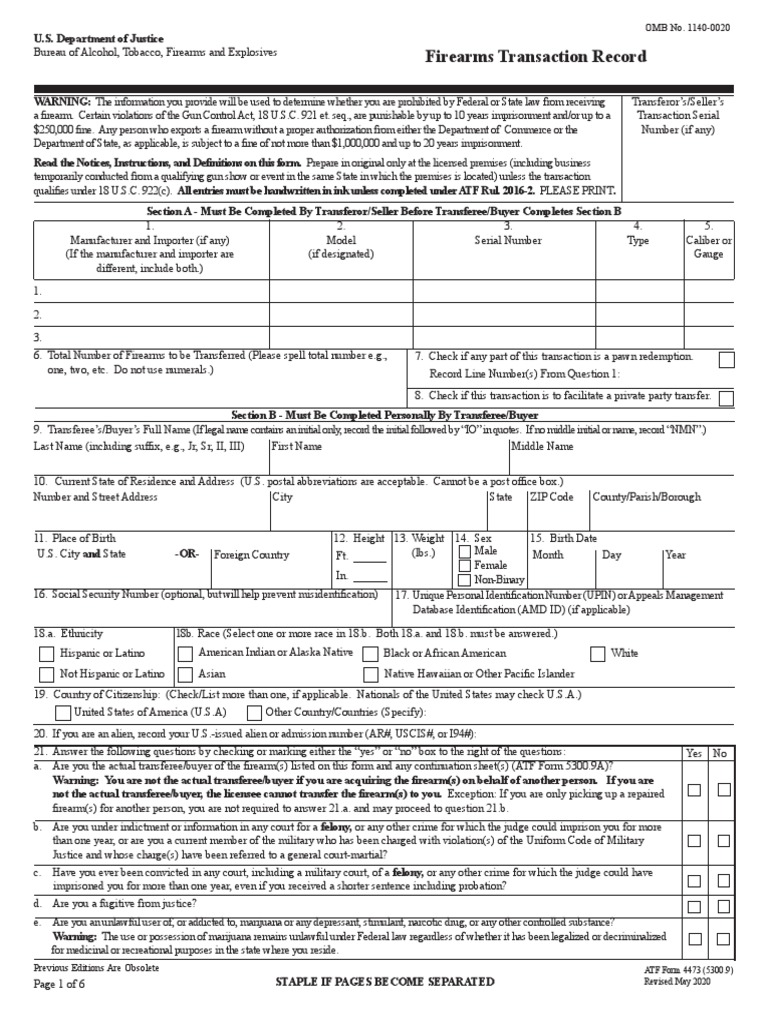 Firearms Transaction Record: ATF Form 4473 (5300.9) Revised May 2020 ...