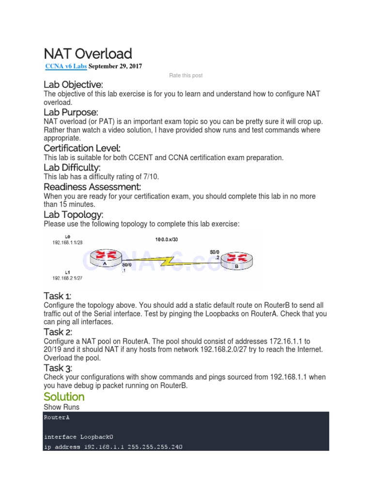 Configuring NAT Overload: An In-Depth Lab on Implementing Network Address Translation | PDF ...
