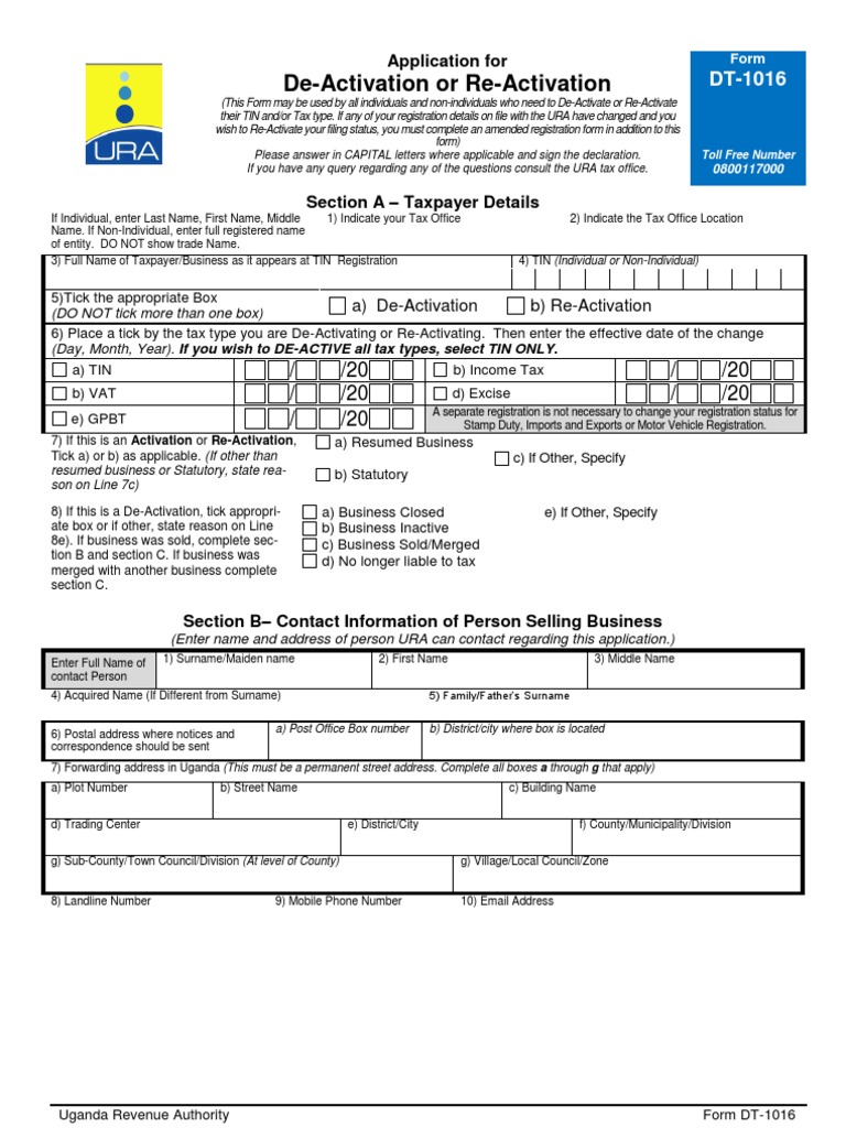 TIN De-Activation/Re-Activation Form Uganda | PDF | Taxpayer | Taxes