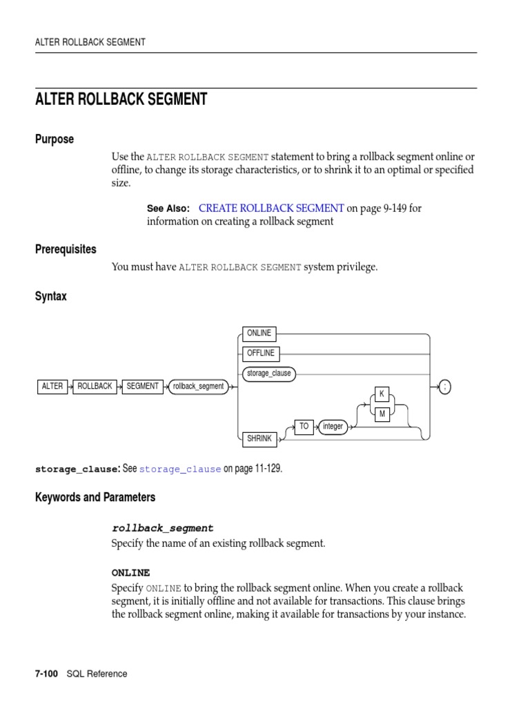 Alter Rollback Segment: Purpose | PDF | Online And Offline | Parameter (Computer Programming)
