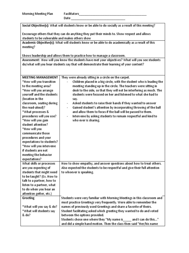 Morning Meeting Planning Template Fall 2020 | PDF | Classroom ...