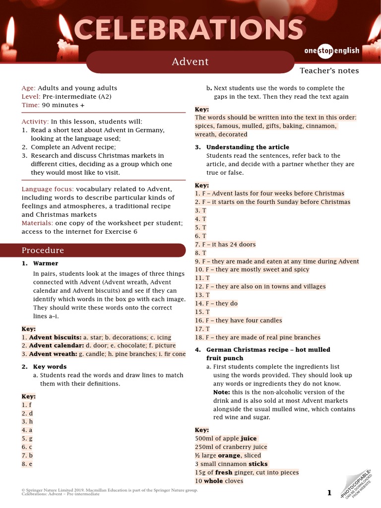 CELEBRATIONS Advent Pre Intermediate Lesson Plan | PDF | Advent | Christmas