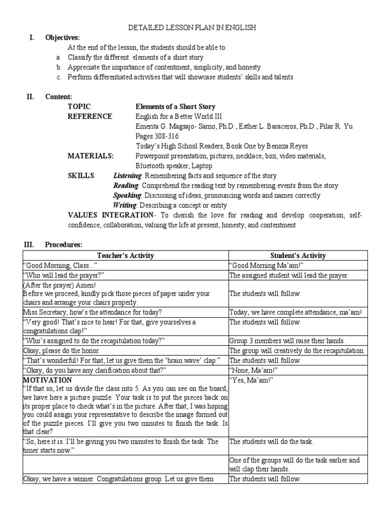 Detailed Lesson Plan in English (Elements of A Short Story) | PDF ...