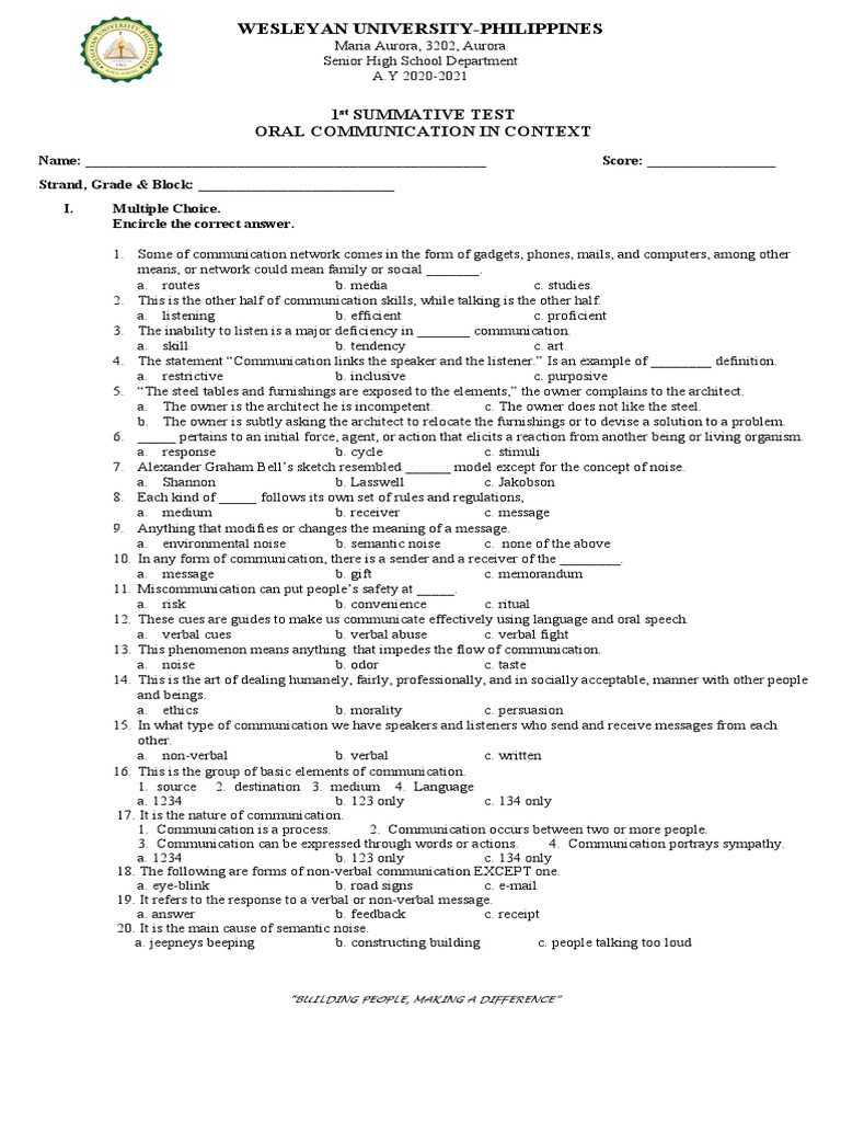 Oral Communication Summative Test | PDF | Nonverbal Communication ...