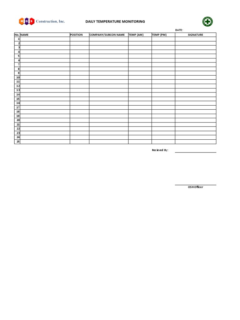 Daily Temperature Monitoring Sheet | PDF