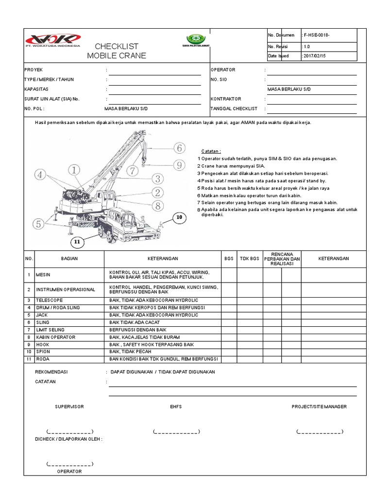 Checklist Inspeksi Crane Dan Excavator | PDF