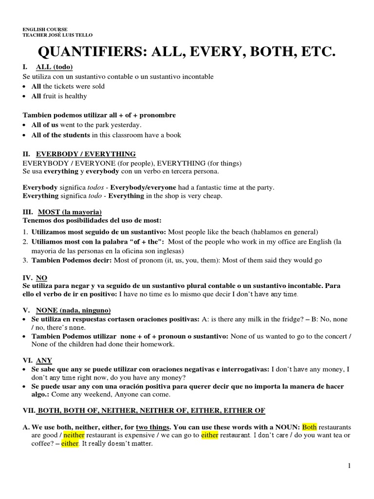 03 Quantifiers-All, Every, Both, Etc. Separata PDF | PDF | Linguistic ...