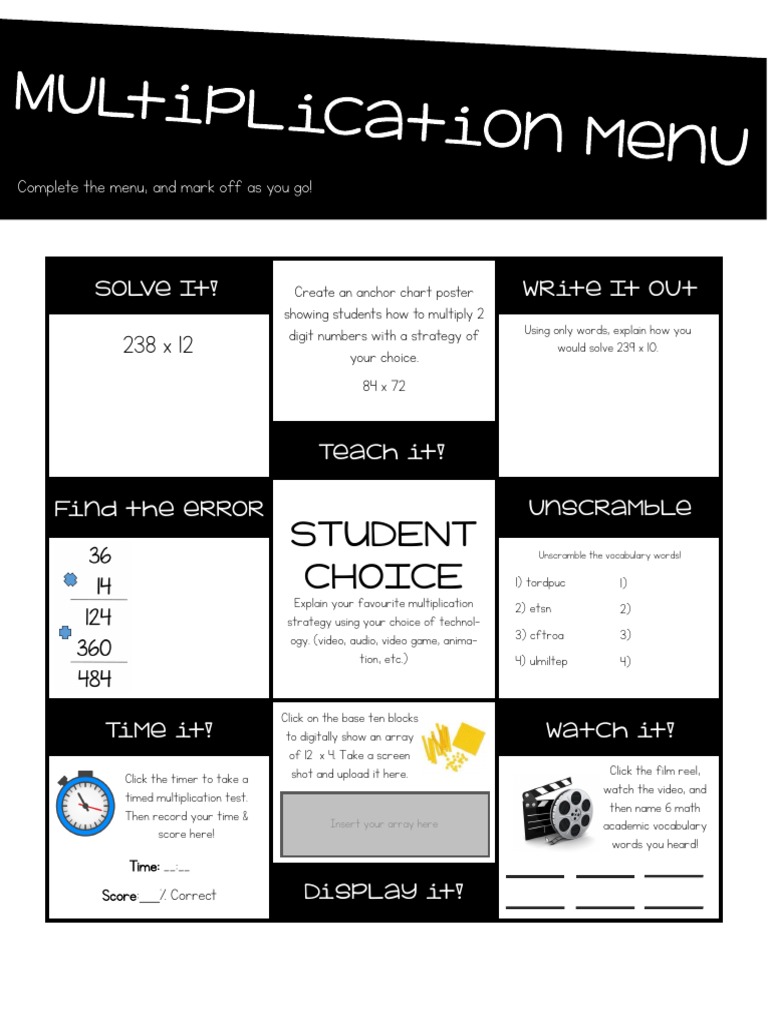 Multiplication Menu | PDF | Cognition | Learning